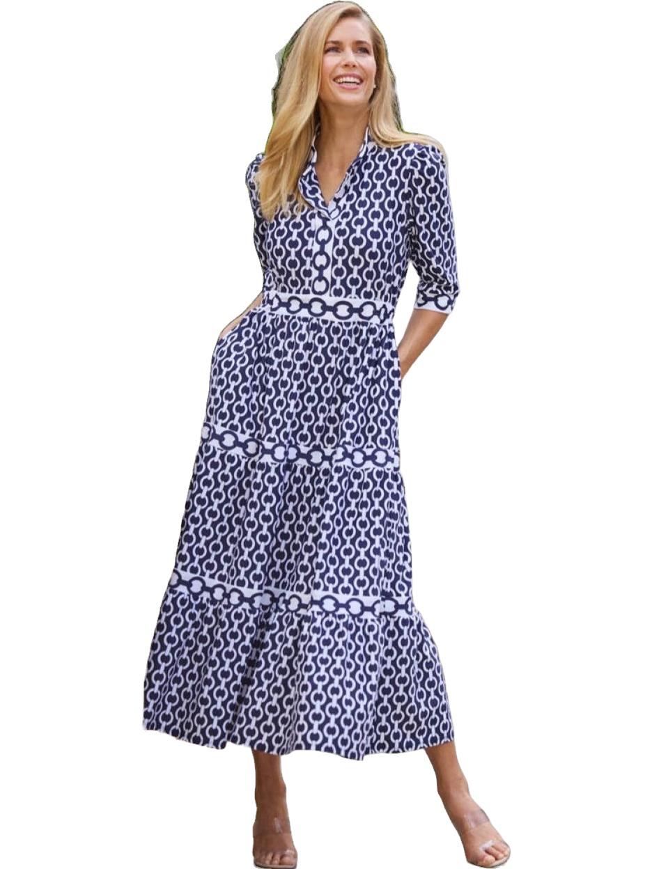 JUDE CONNALLY Jude Connally Navy and White Chain Print Maxi Dress with Pockets